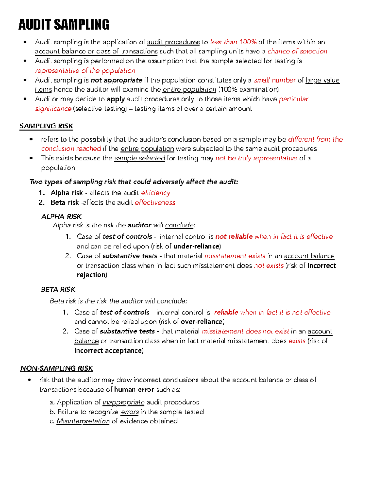 Audit Sampling - AUD 101 - Lecture Notes on Risks and Methods - Studocu