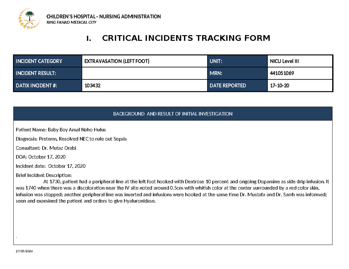 Critical Incident Report: Extravasation Case - NICU HOSPITAL 2020 - Studocu