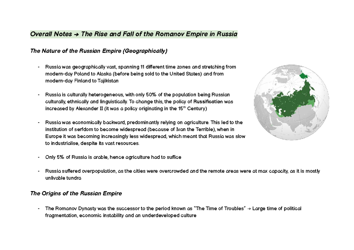 Prelim Notes on the Rise and Fall of the Romanov Empire - Studocu