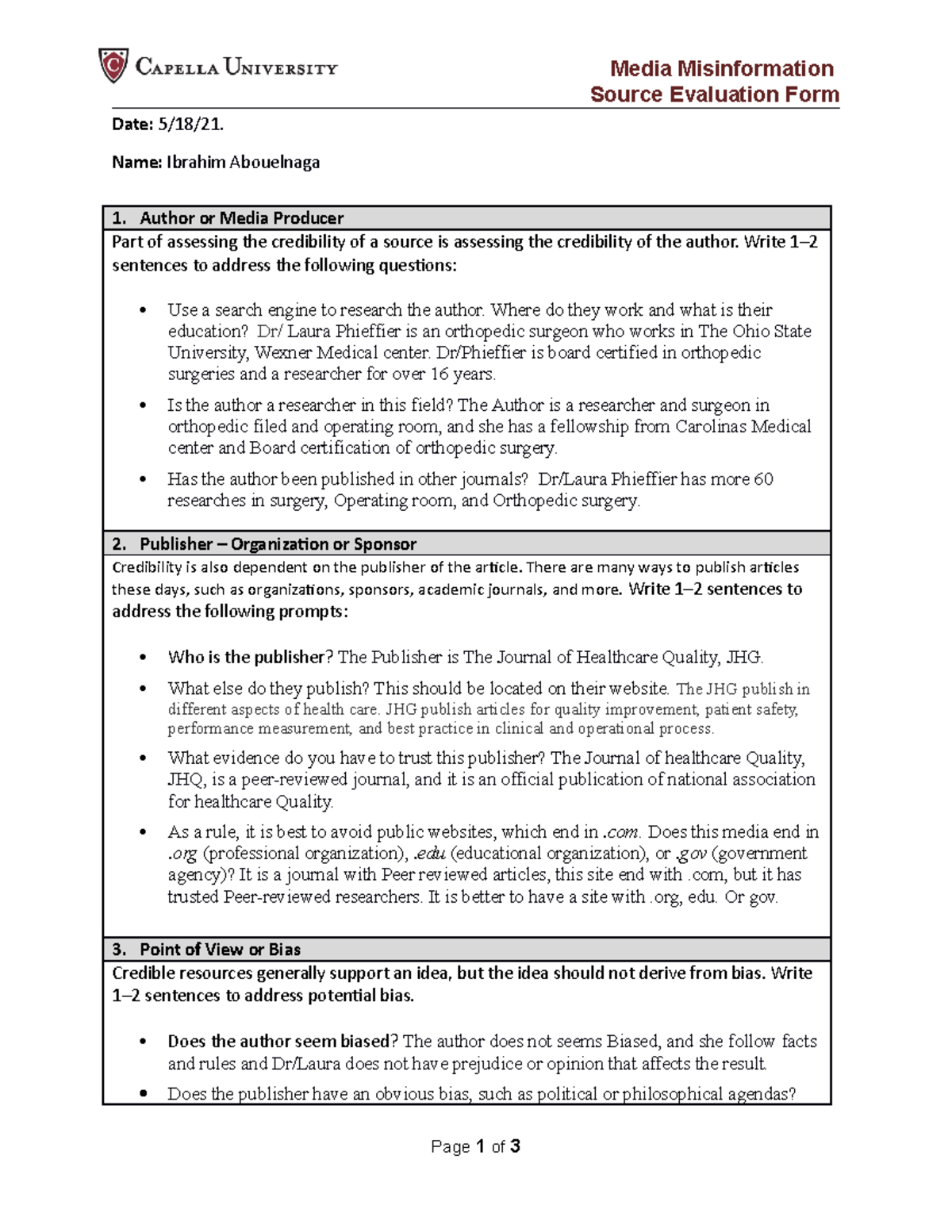 BIO FPX1000 Misinformation Source Evaluation: Form & Analysis by ...