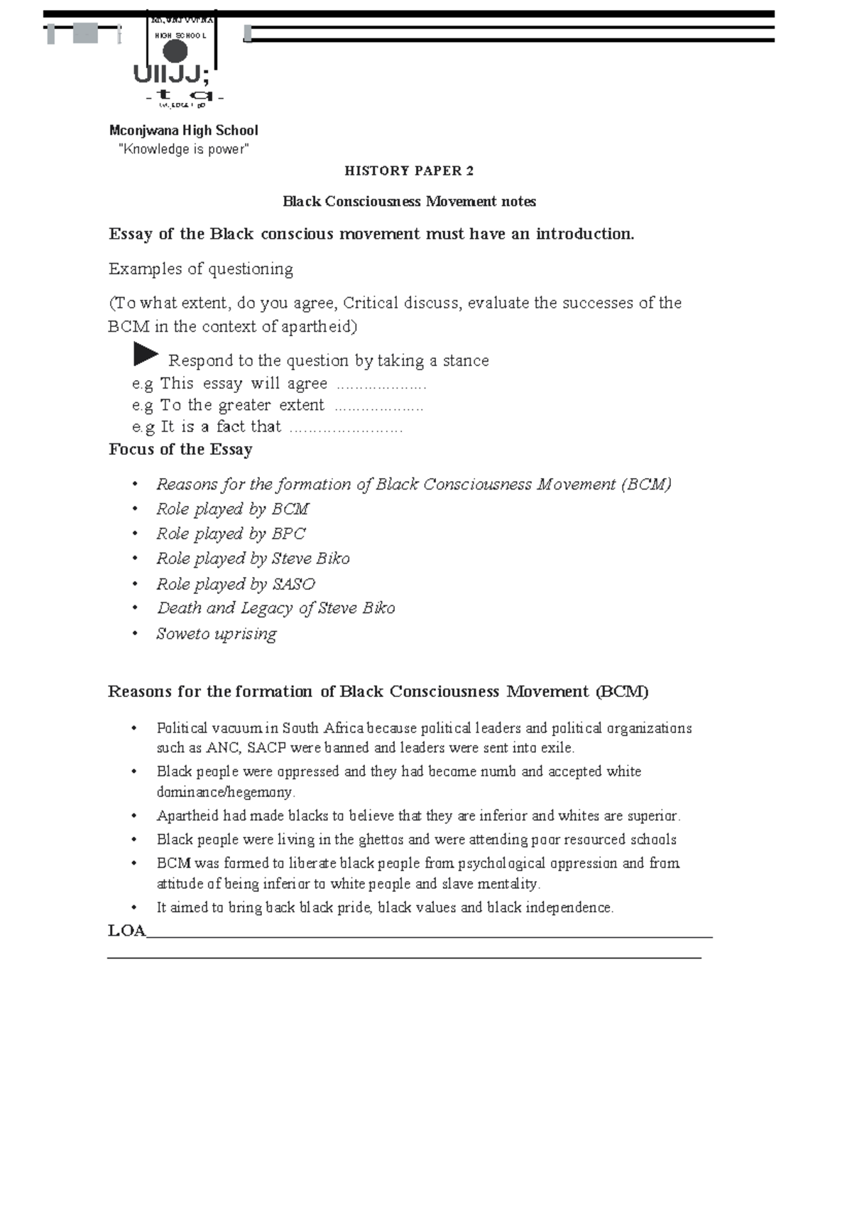 BCM 101: Black Consciousness Movement Notes & Essay Guide - Studocu