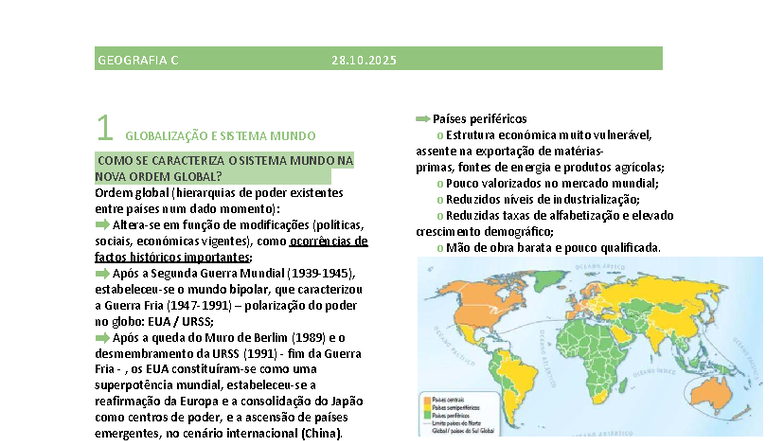 GEOGRAFIA C - 1º Teste sobre Países Periféricos e Globalização - Studocu