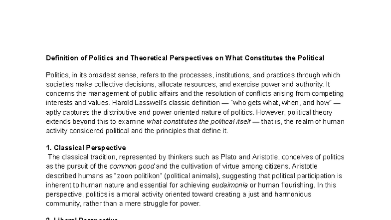 POL 101: Definition of Politics & Theoretical Perspectives - Studocu