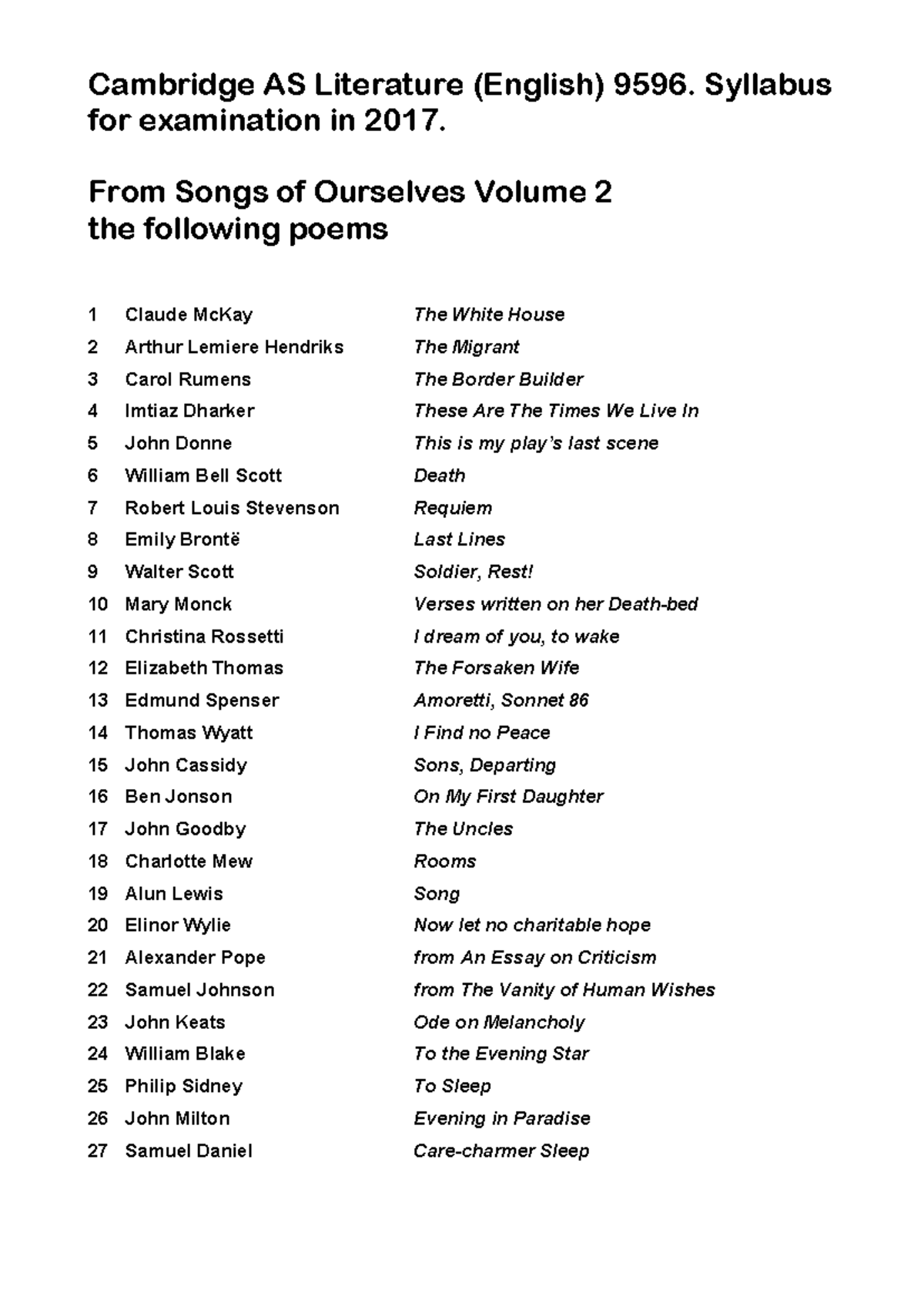 Cambridge AS Literature (9596) Songs of Ourselves Volume 2 Analysis ...