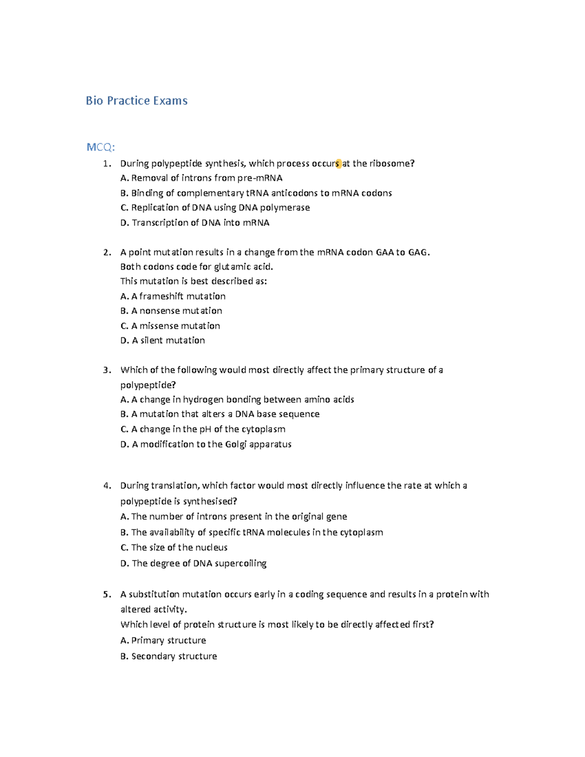 HSC Biology Practice Exam: Polypeptide Synthesis & Mutations - Studocu
