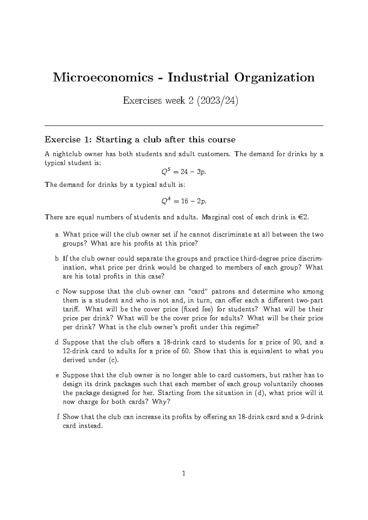 Exercises Week 2 - Microeconomics Industrial Organization (2023/24 ...