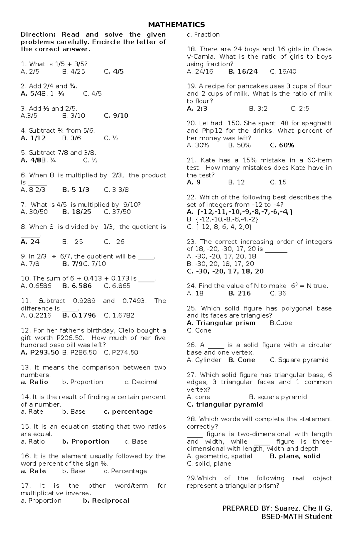 CHE MATH Final Answer KEY (1 COPY) - MATHEMATICS Direction: Read and ...