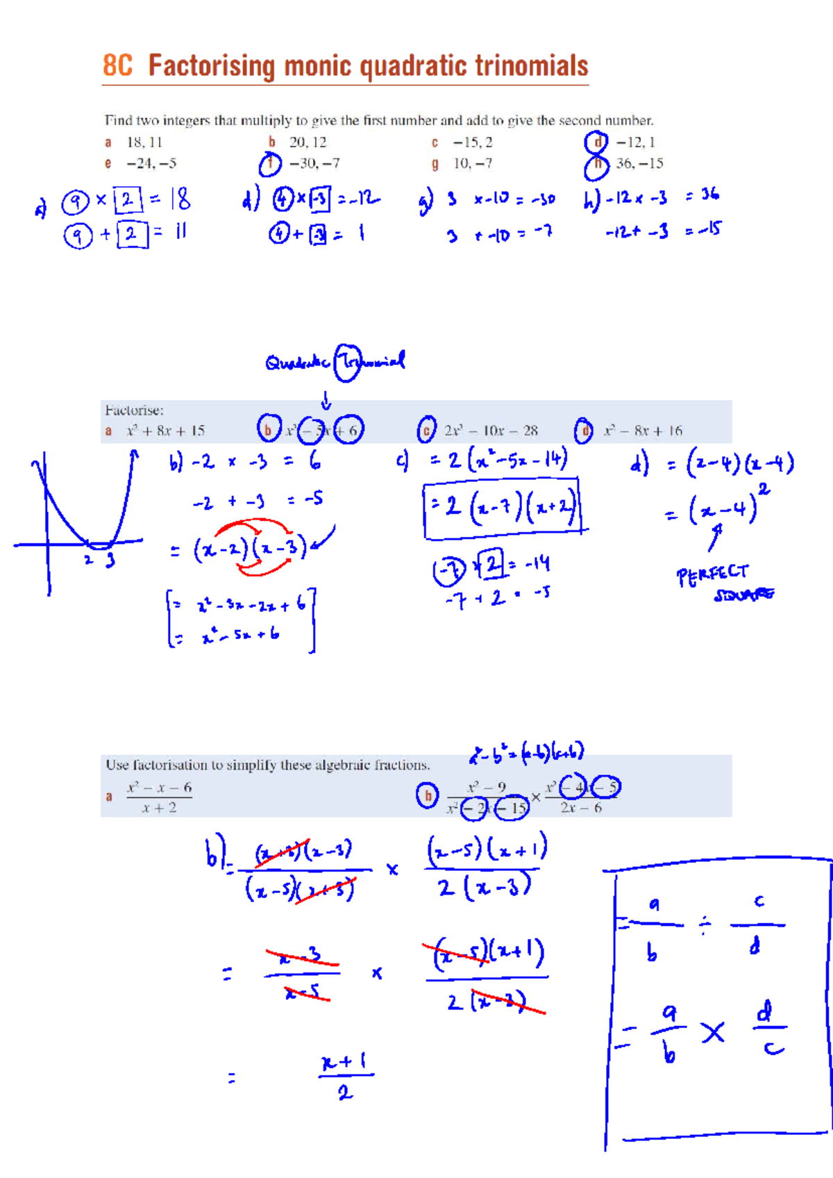 8C Factorising Monic Quadratic Trinomials: Solutions & Examples - Studocu