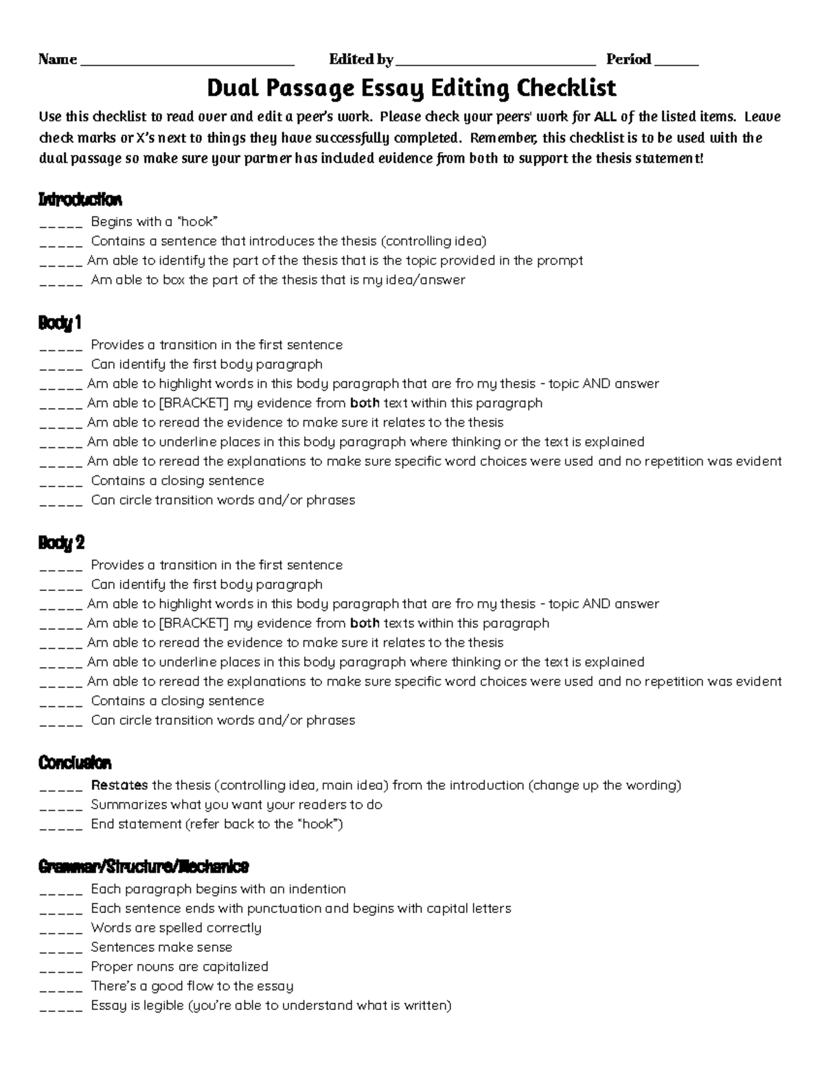 Dual Passage Essay Editing Checklist - Studocu