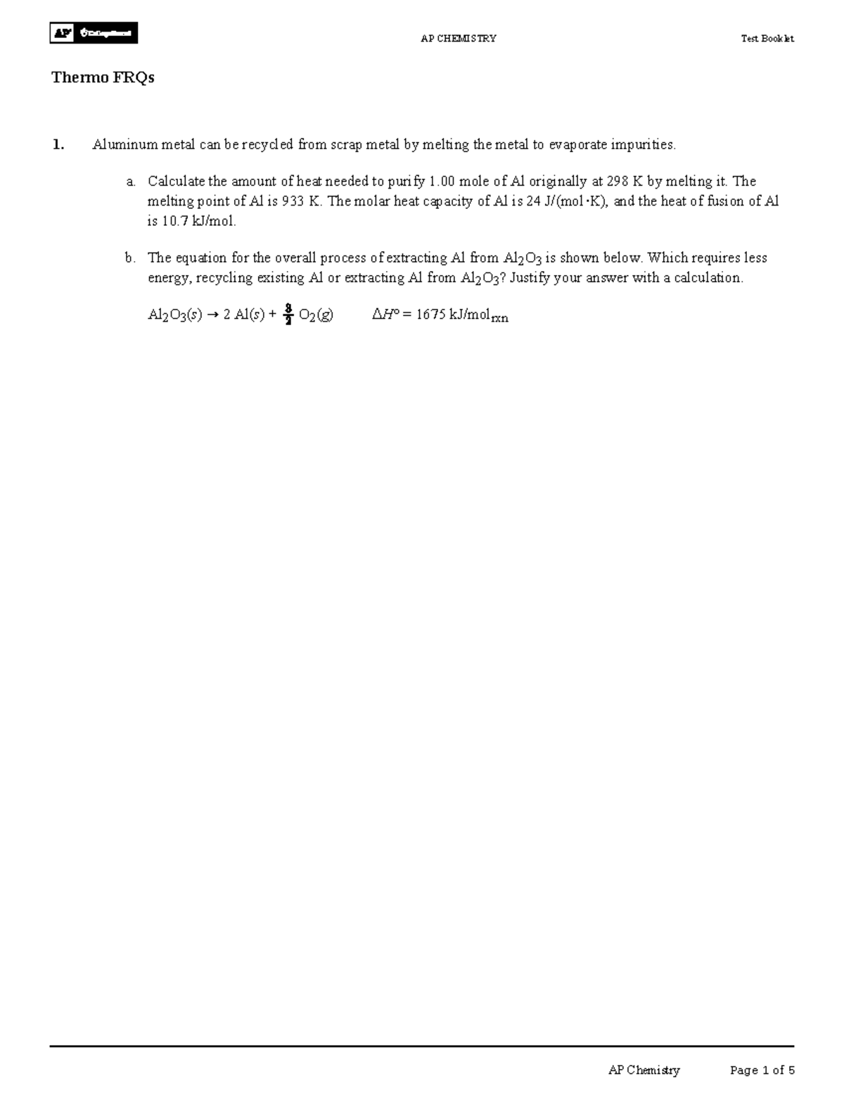 AP CHEMISTRY Unit 6 Thermodynamics FRQs and Calculations - Studocu