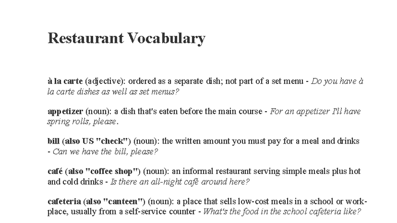 Restaurant Vocabulary: Key Terms for Dining (ENG 101) - Studocu