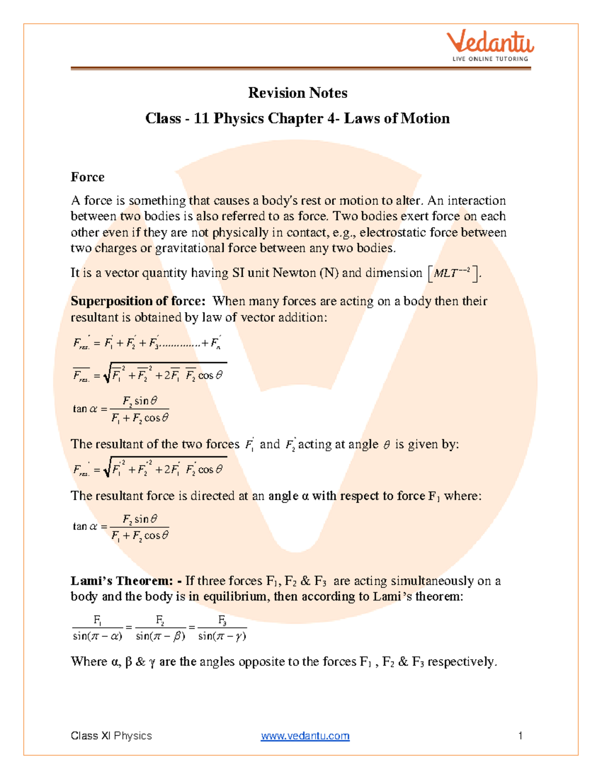 Laws of Motion Class 11 Physics Revision Notes - Studocu