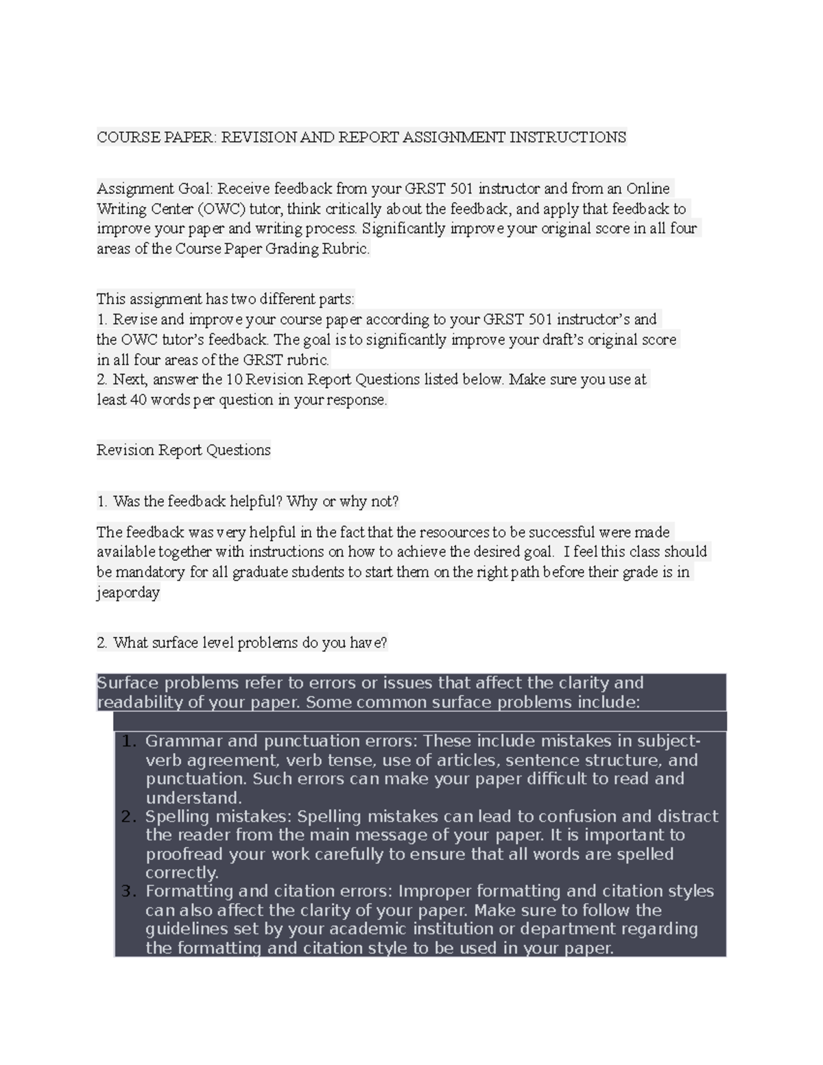 Course paper revision - OWC GRST501 - COURSE PAPER: REVISION AND REPORT ASSIGNMENT INSTRUCTIONS ...