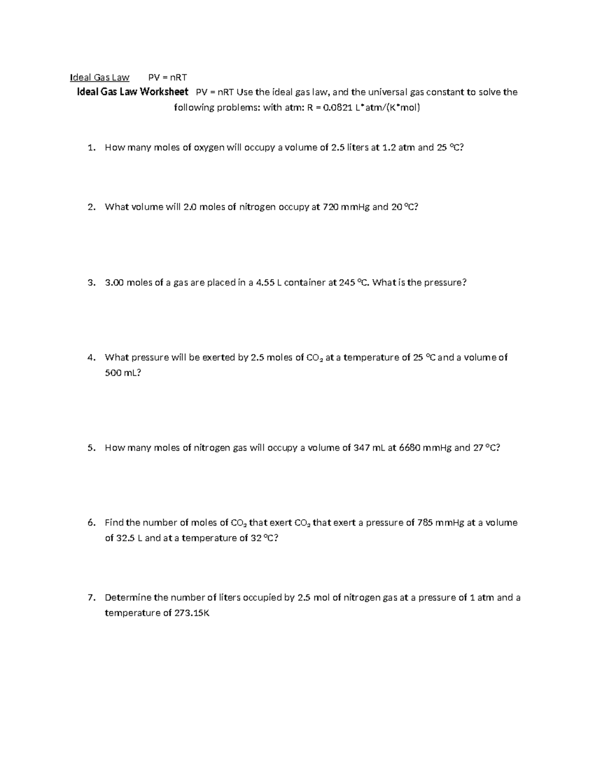 Ideal Gas Law Worksheet (Gas Law Practice 2) - Studocu