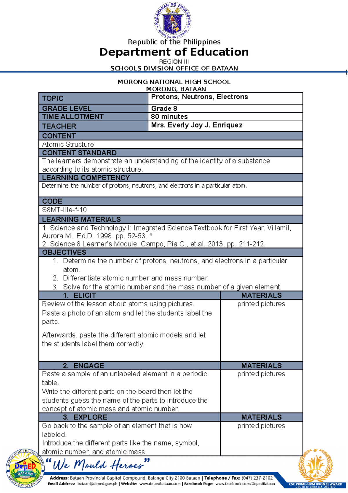 LP Protons, Neutrons, Electrons - Grade 8 Lesson Plan on Atomic ...