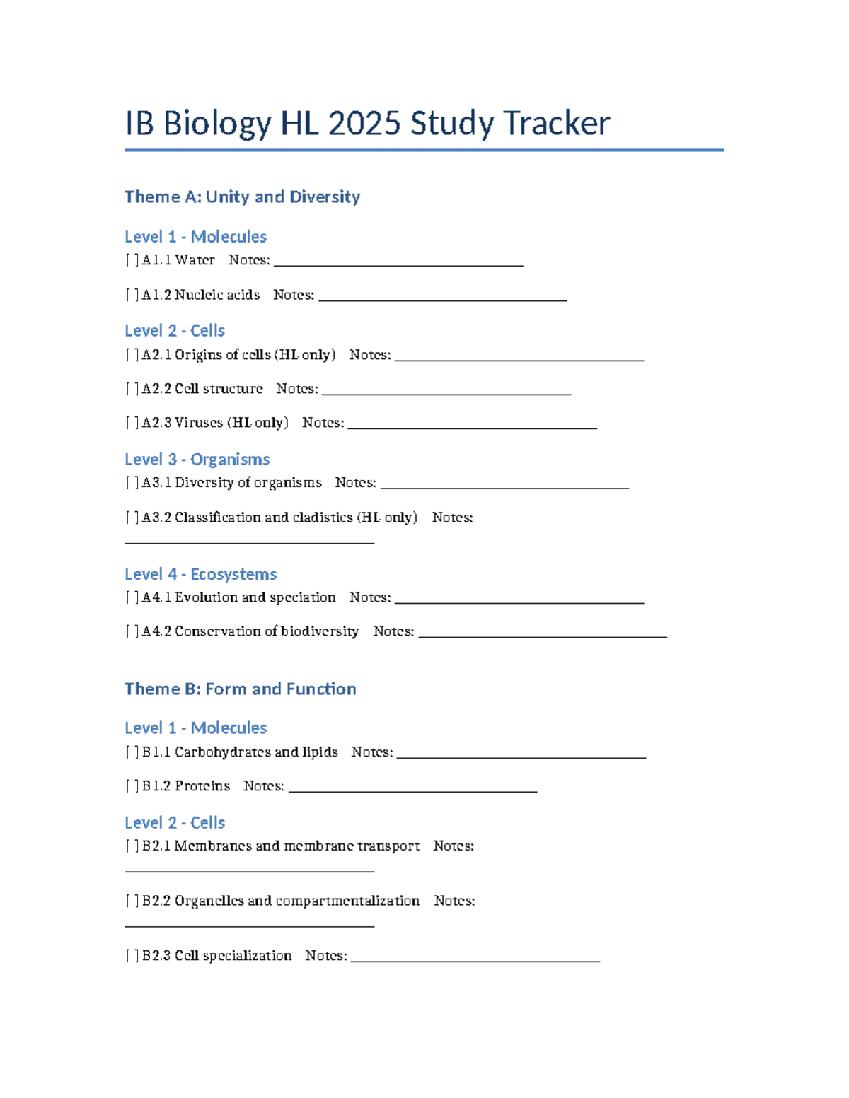 IB Biology HL 2025 Study Tracker: Comprehensive Notes on Themes A-D ...