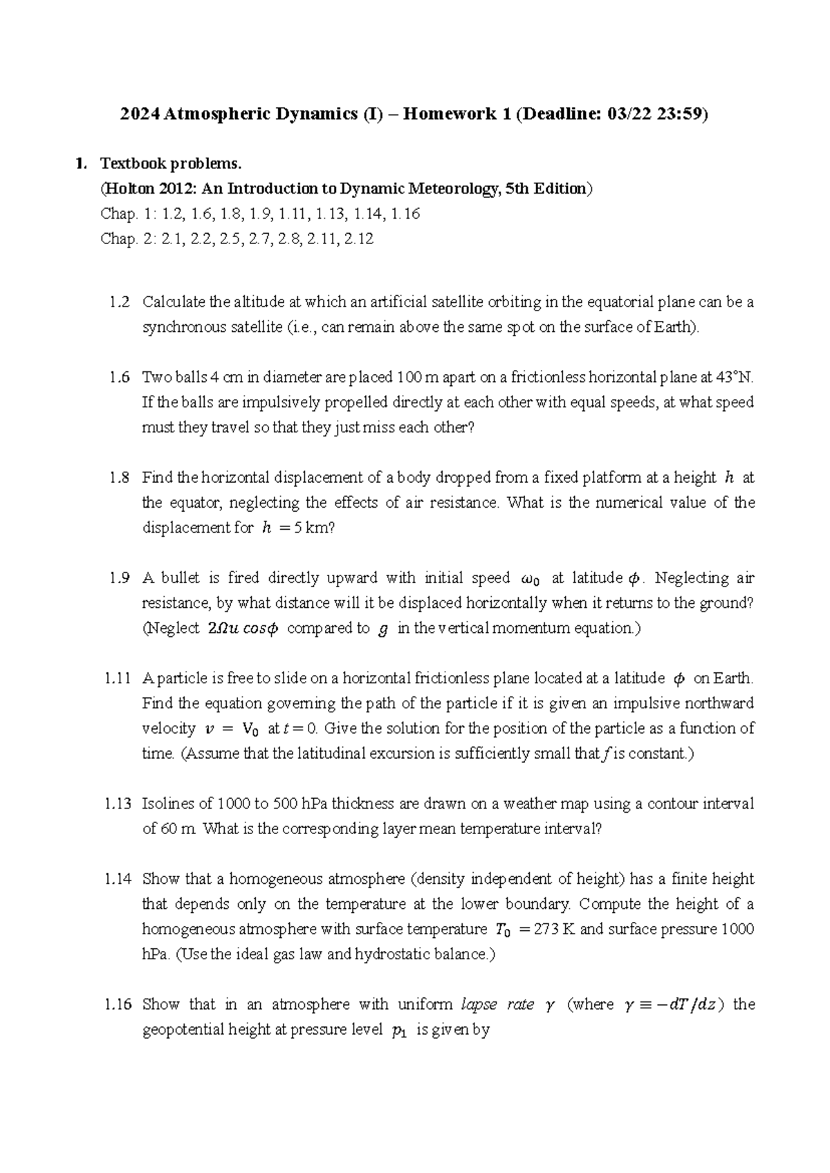 [HW] 20240322 HW1 textbook - 2024 Atmospheric Dynamics (I) – Homework 1 ...