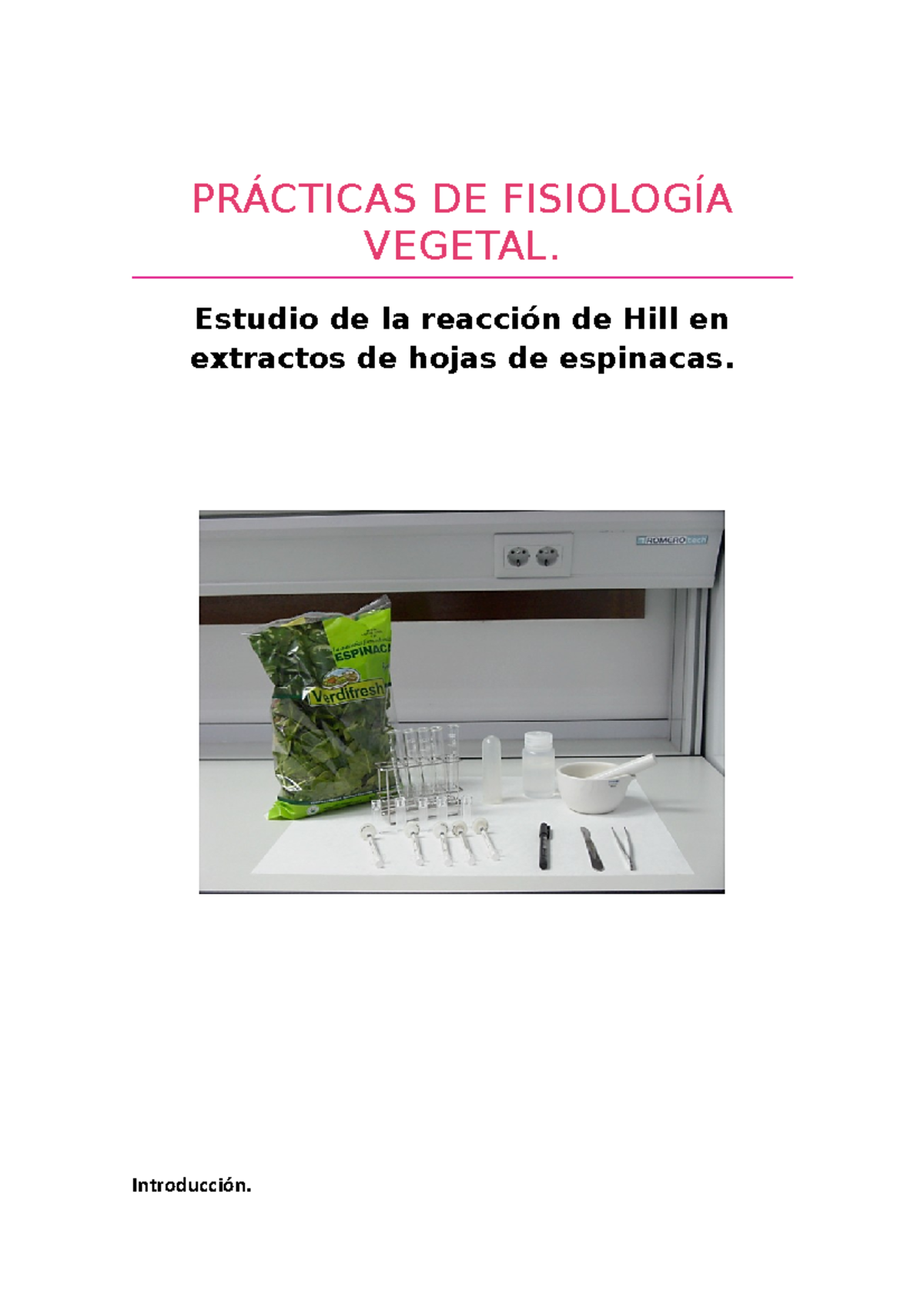 Práctica de Fisiología Vegetal: Reacción de Hill en Espinacas - Studocu