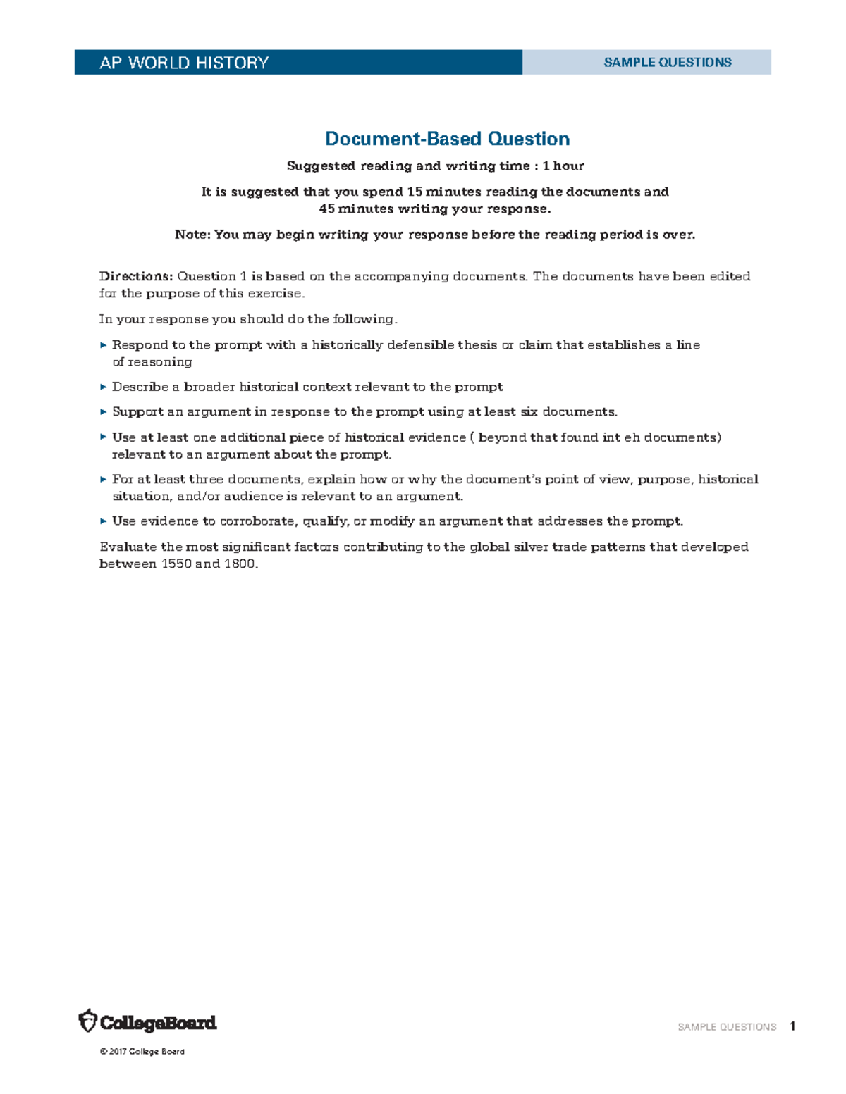 Silver DBQ 2017 - blah - AP WORLD HISTORY SAMPLE QUESTIONS Document ...