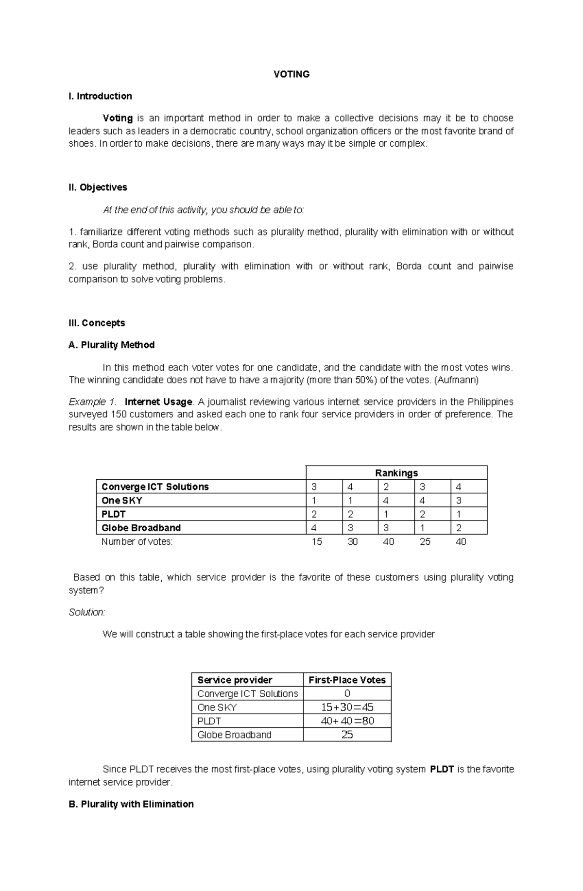 Voting Methods and Techniques: Plurality, Elimination, and Comparison ...