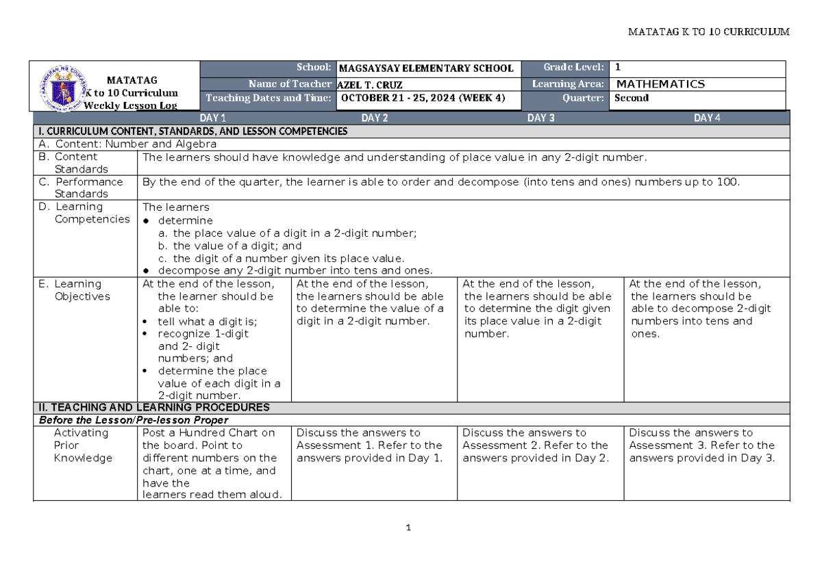 DLL Matatag Mathematics 1 Q2 W4: Weekly Lesson Log on 2-Digit Numbers ...