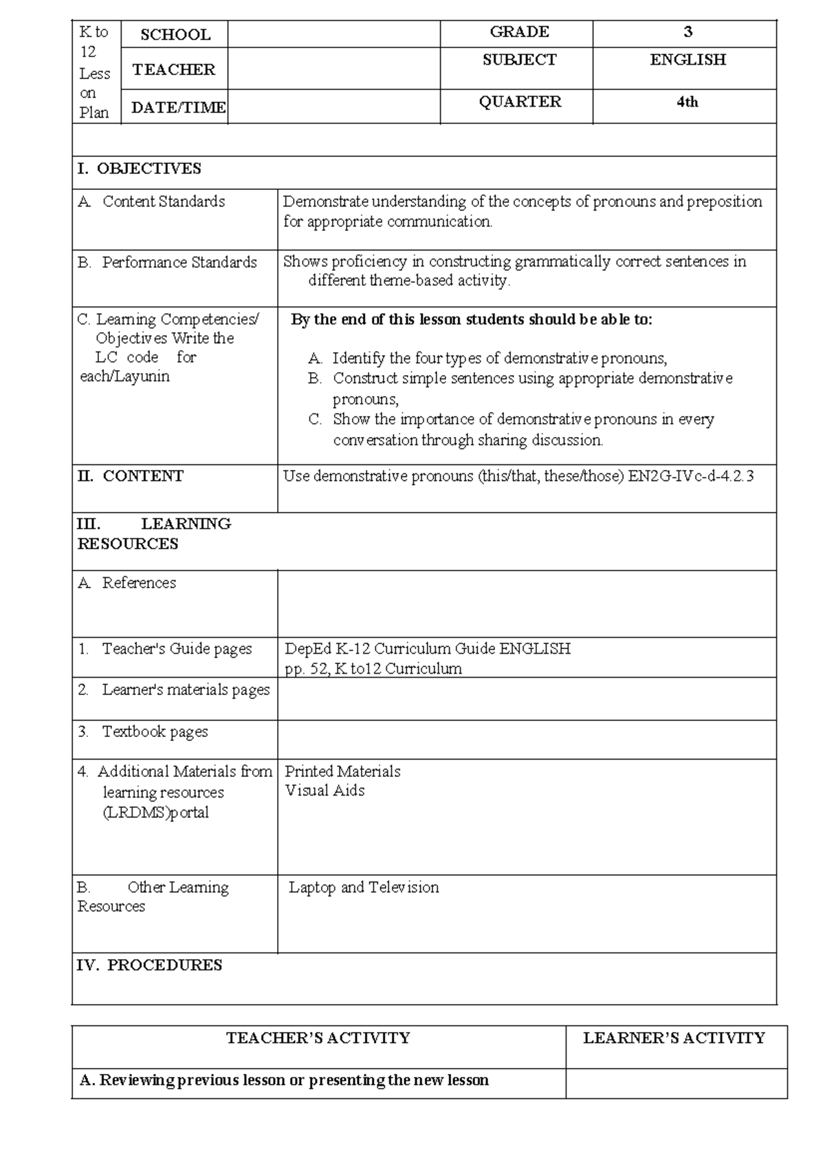 Lesson-Plan- English Copy - Copy - K to 12 Less on Plan SCHOOL GRADE 3 ...