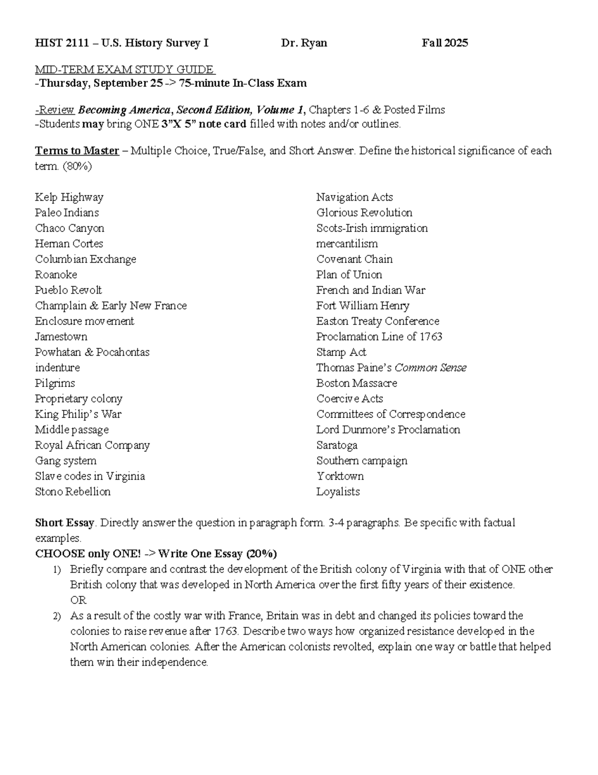 HIST 2111 U.S. History Survey I Mid-Term Exam Study Guide - Studocu