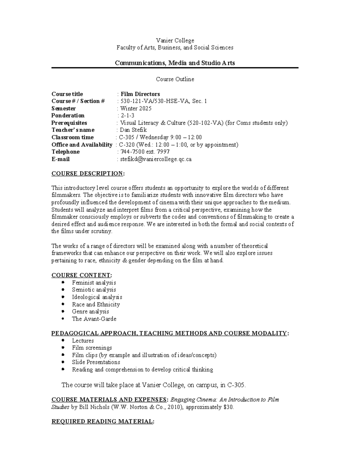 Film Directors Course Outline (CMST 101) - Winter 2025 - Studocu