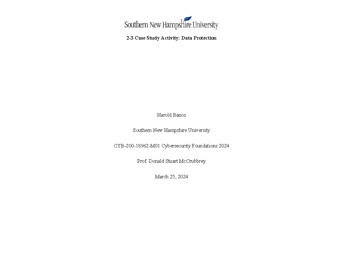 CYB 200 Case Study: Data Protection Principles and Recommendations ...