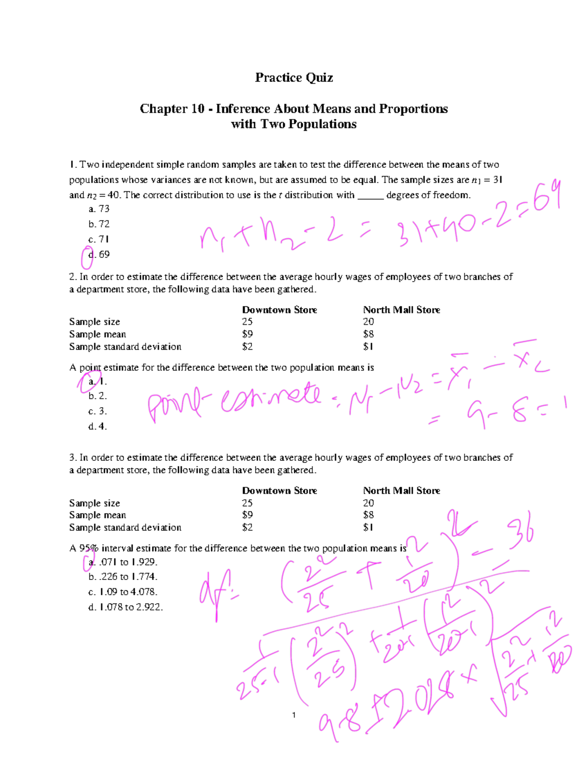 Chapter 10 MCQs - Inference About Means & Proportions with Two ...
