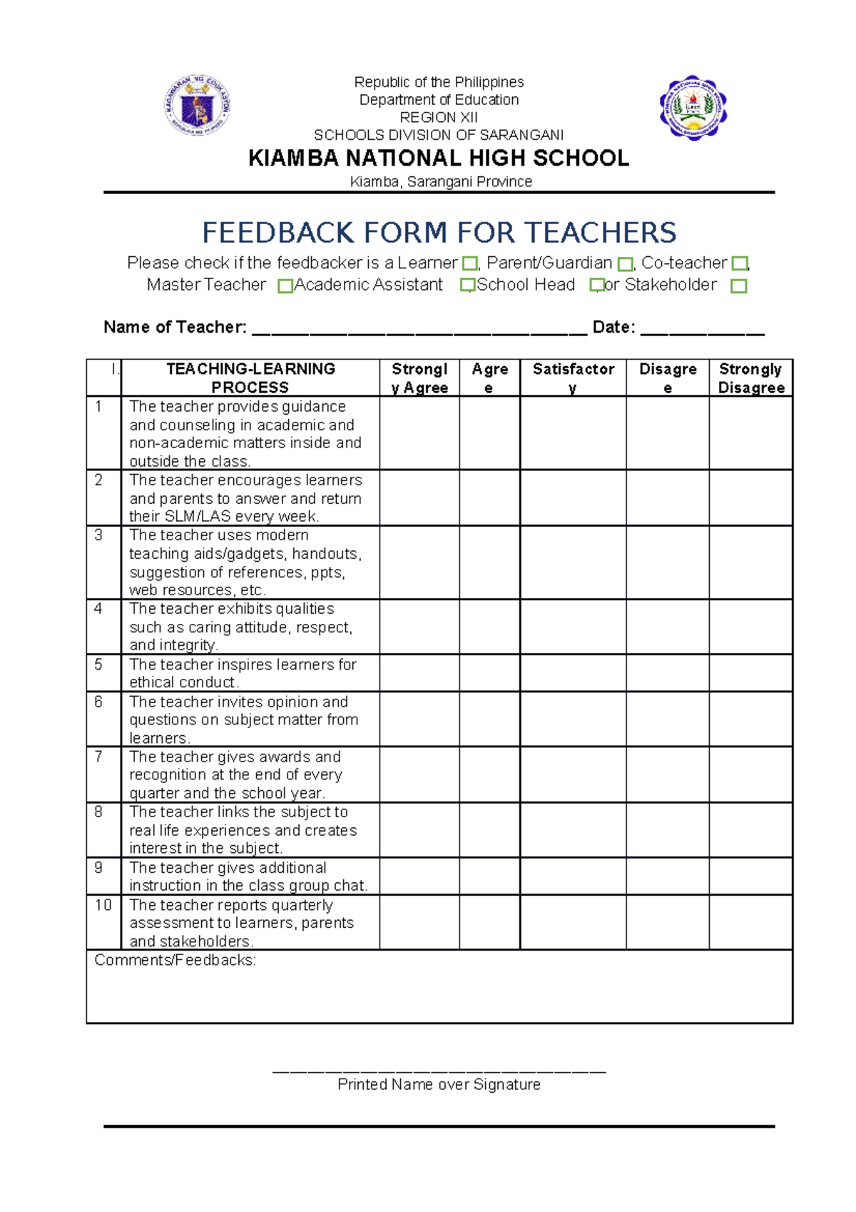 Teacher Feedback Form - Evaluation Tool for Educators - Studocu