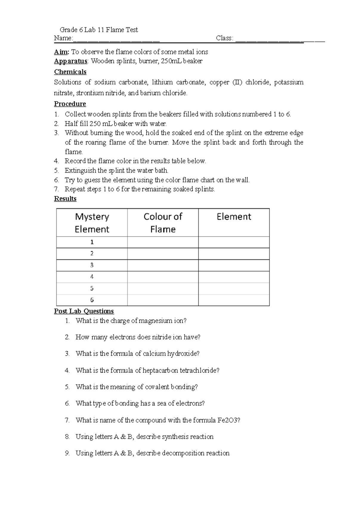 Grade 6 Lab 11: Flame Test Experiment and Observations - Studocu