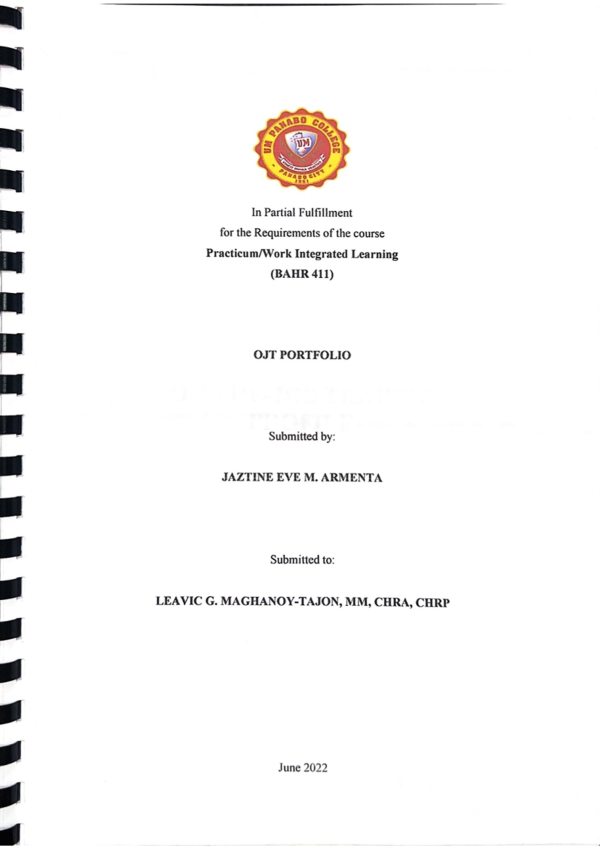 BAHR 411 - OJT Portfolio: Jaztine Eve M. Armenta's Internship ...