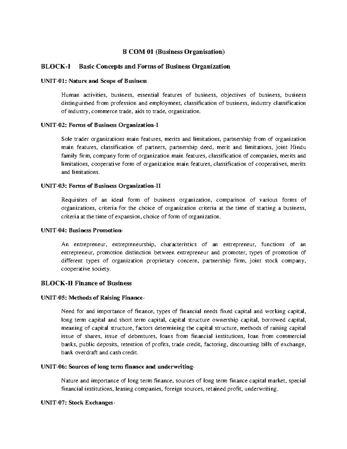 B.Com Business Organization and Finance Study Notes - Studocu