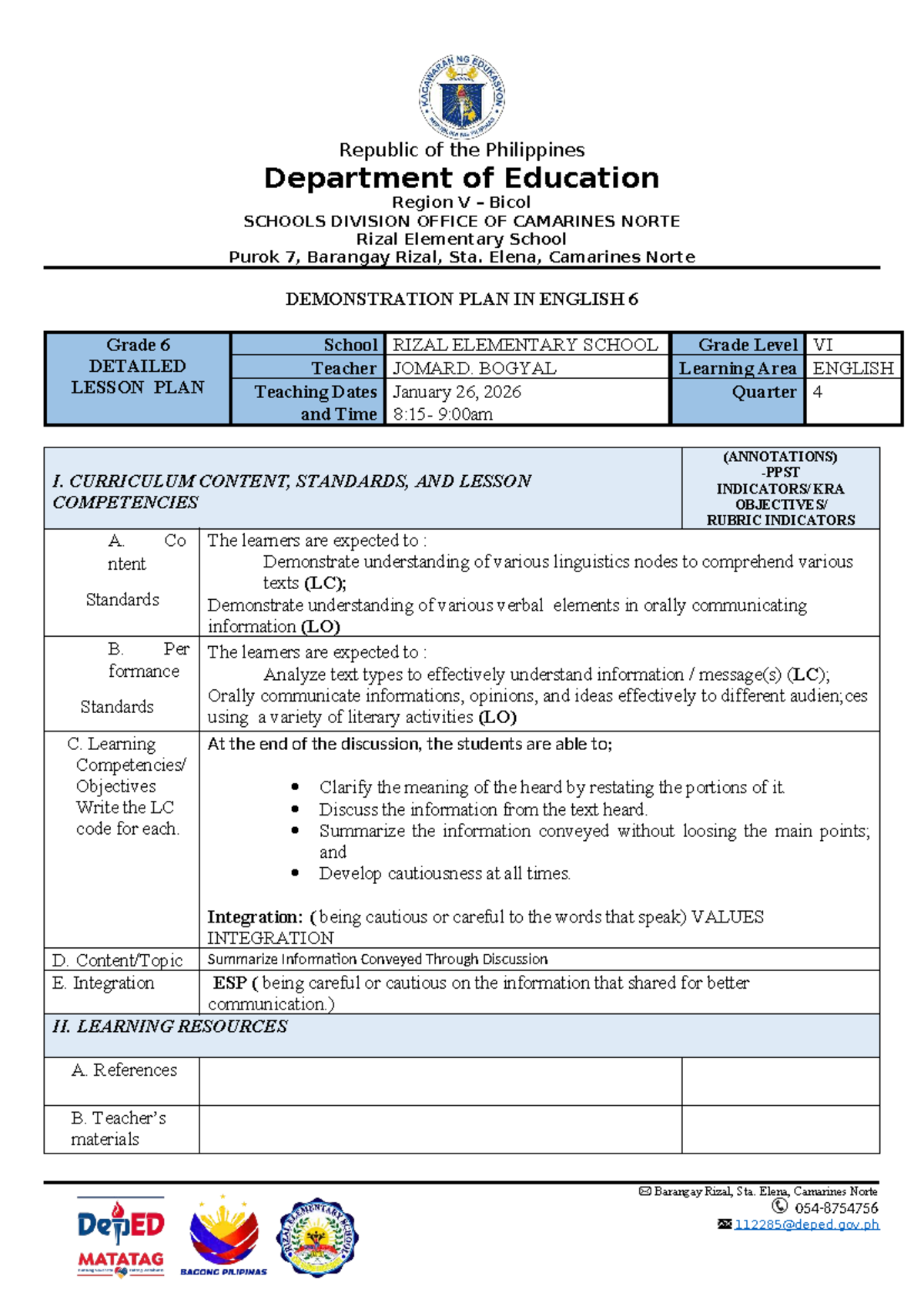 Detailed Lesson Plan for English 6: Summarizing Skills (Demo) - Studocu