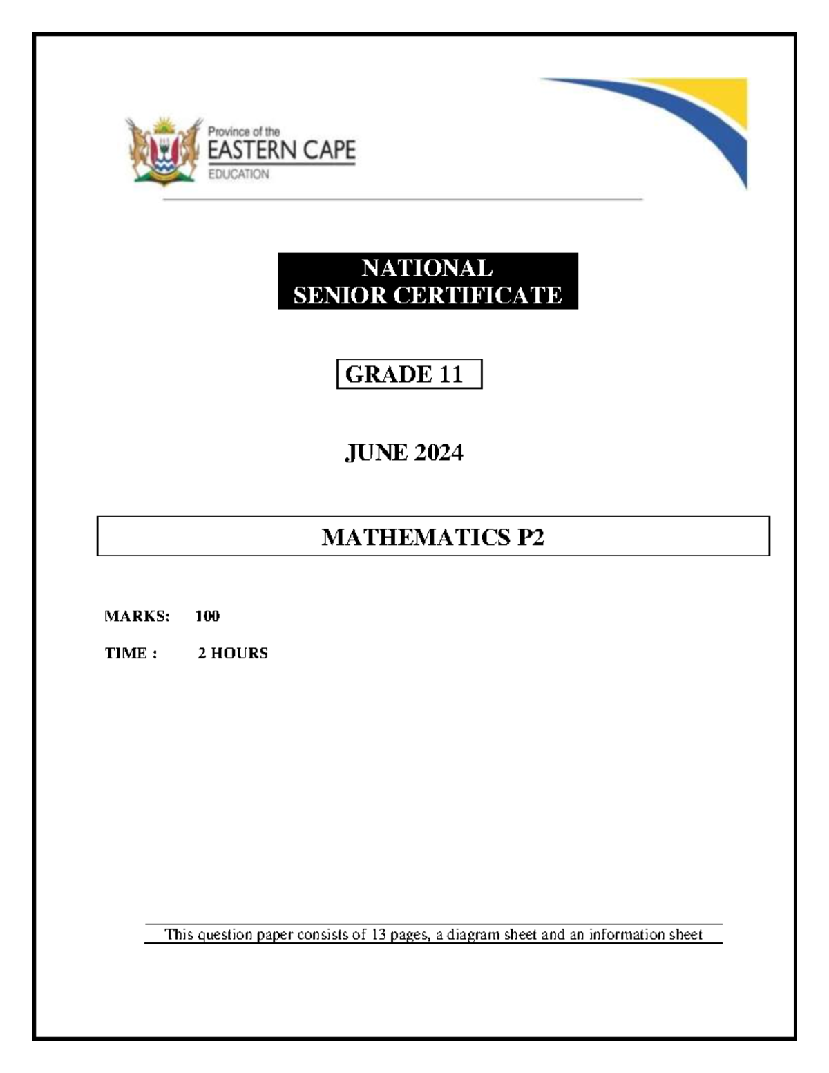 Grade 11 Mathematics P2 June 2024 Exam Paper (Marks: 100) - Studocu