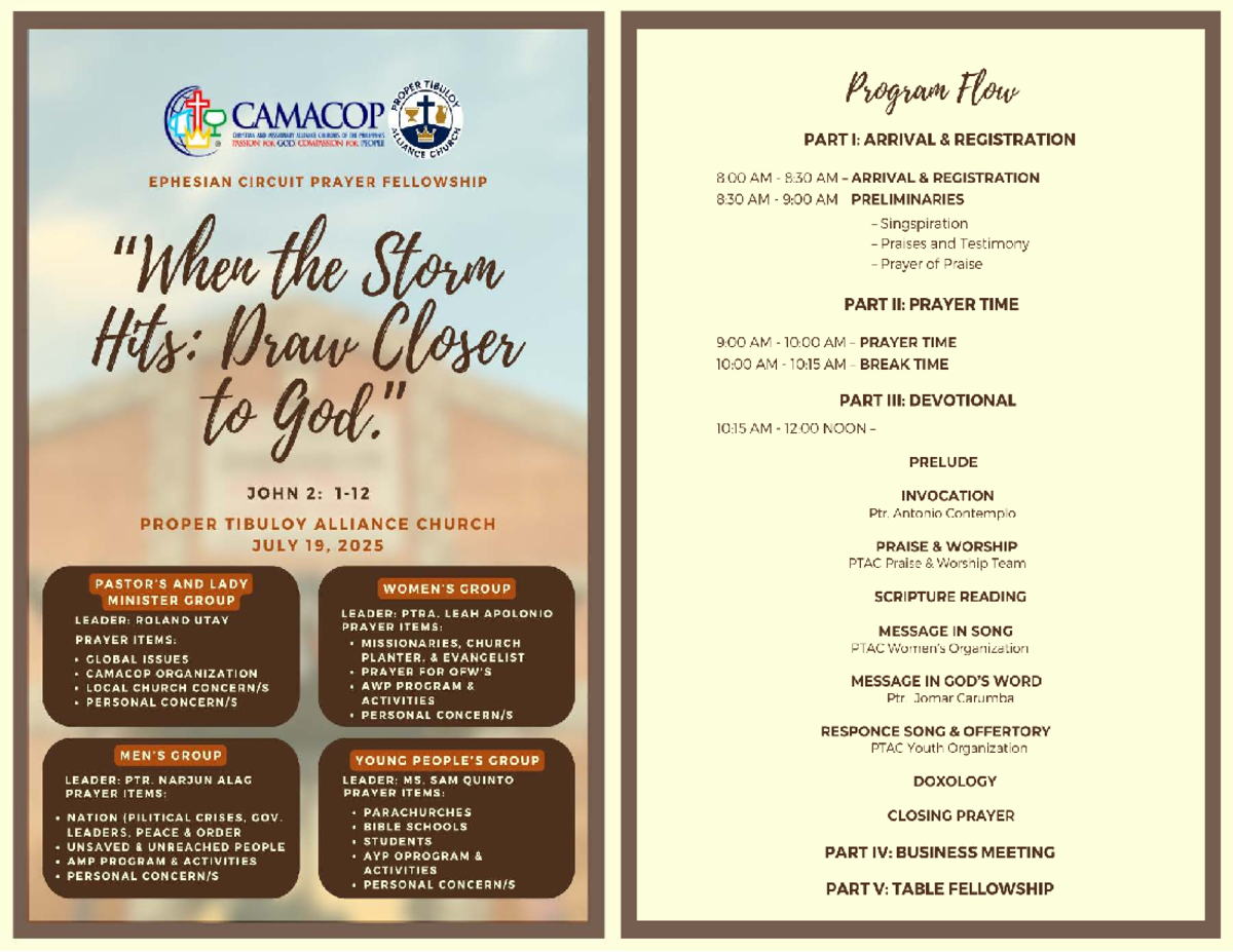 Circuit Prayer Program: Proper Tibuloy Flow for CAMACOP Churches - Studocu