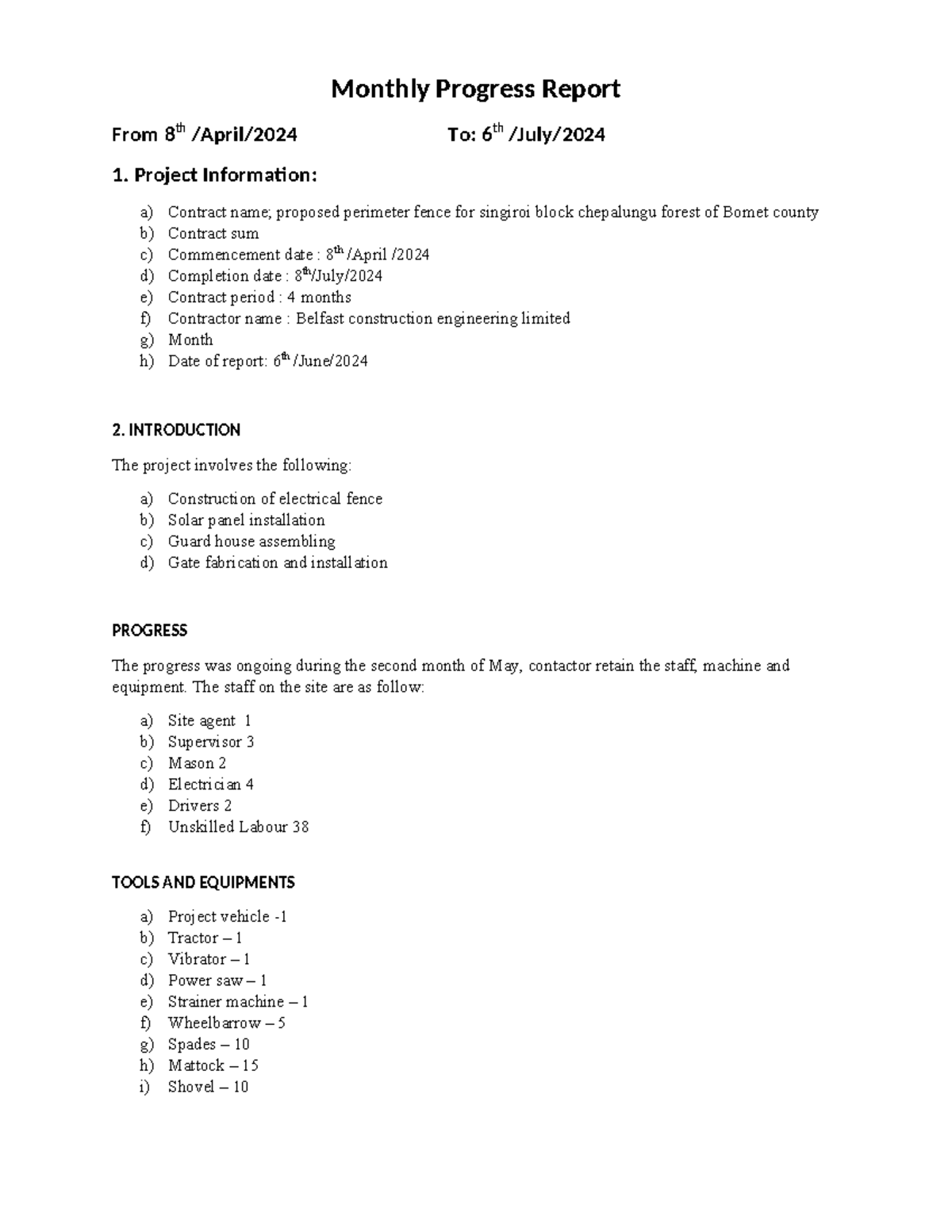 Monthly Progress Report bomet site - Monthly Progress Report From 8th ...