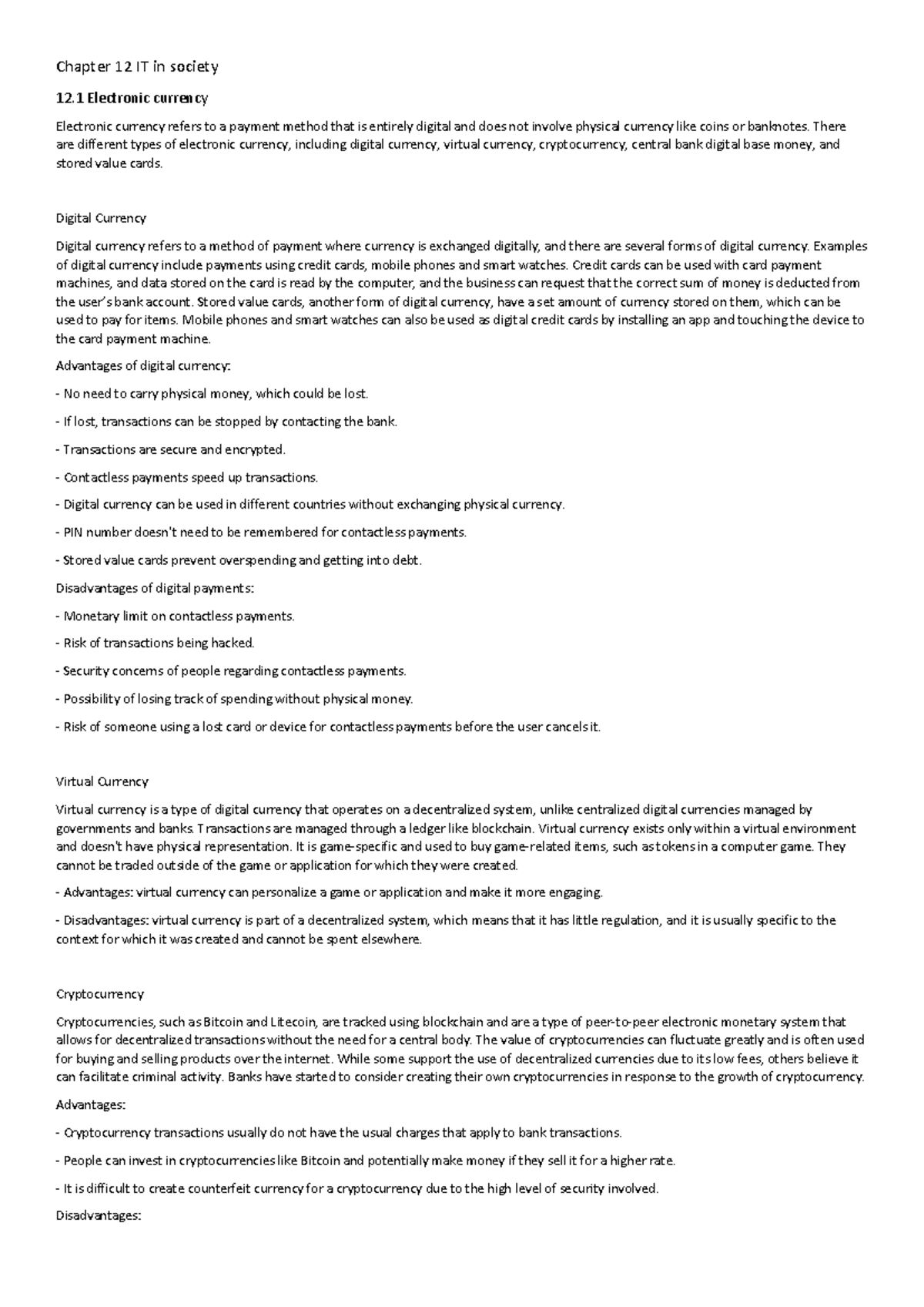 Summary Notes on Chapter 12: IT in Society - 9626 03 - Studocu