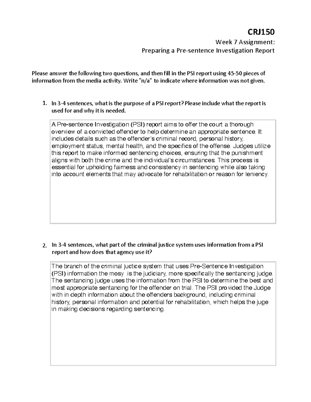 CRJ150 Week 7 Assignment: Presentence Investigation Report Guide - Studocu