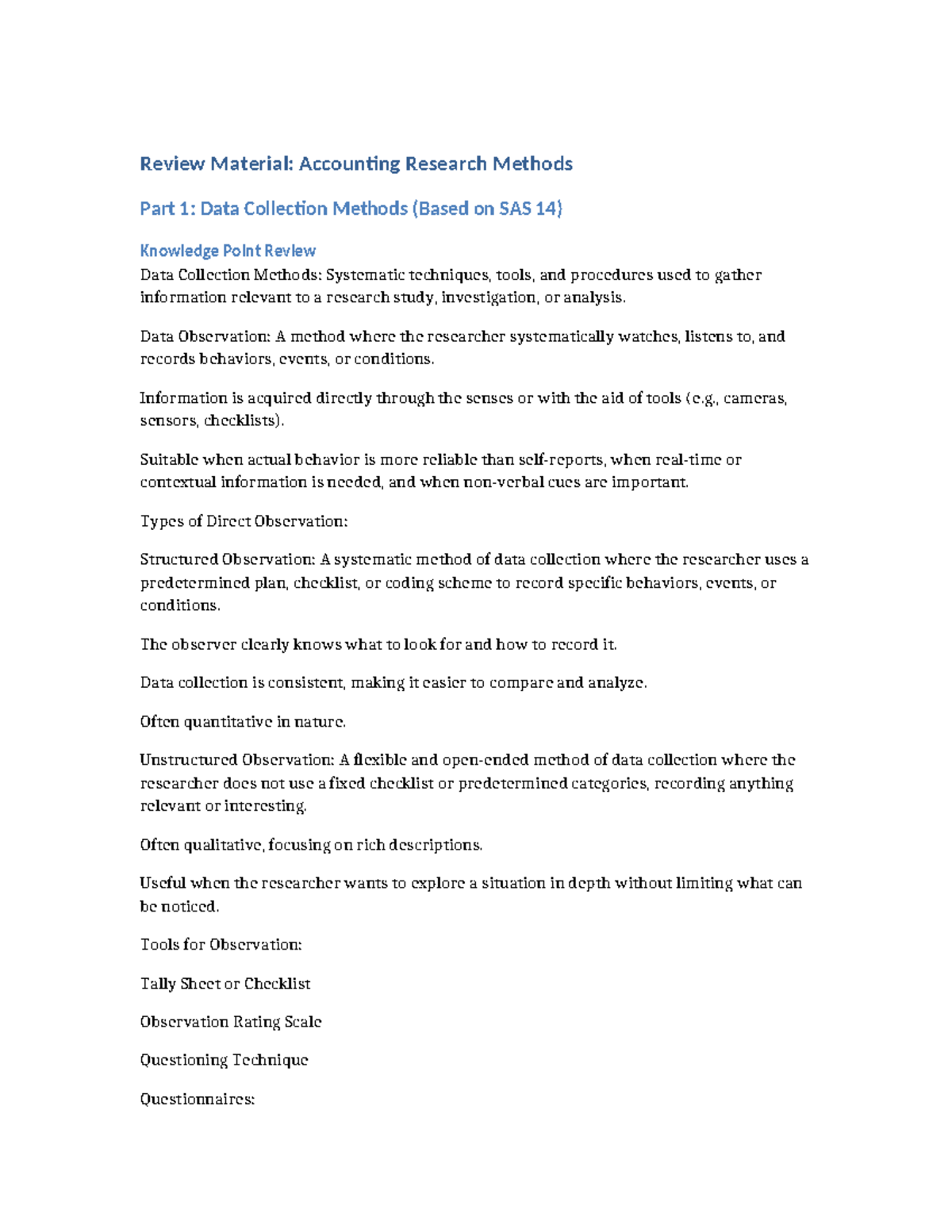 Review Material: Accounting Research Methods (SAS 14) - Data Collection ...