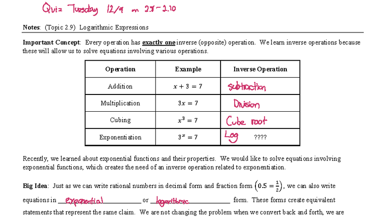 Logarithmic Expressions Notes & Worksheet - Quiz 12/9 (Topic 2.9) - Studocu