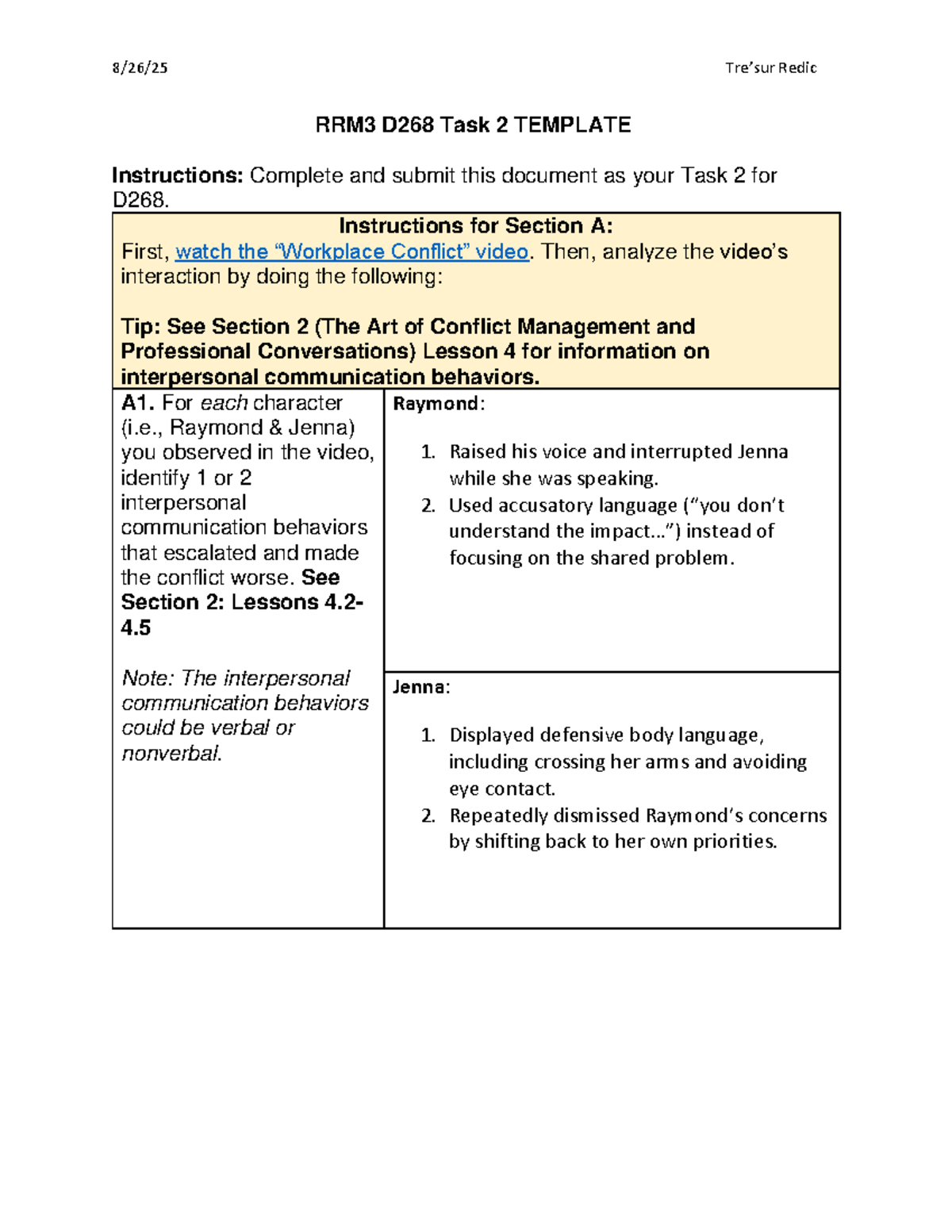 RRM3 D268 Task 2: Analyzing Conflict Management Behaviors - Studocu