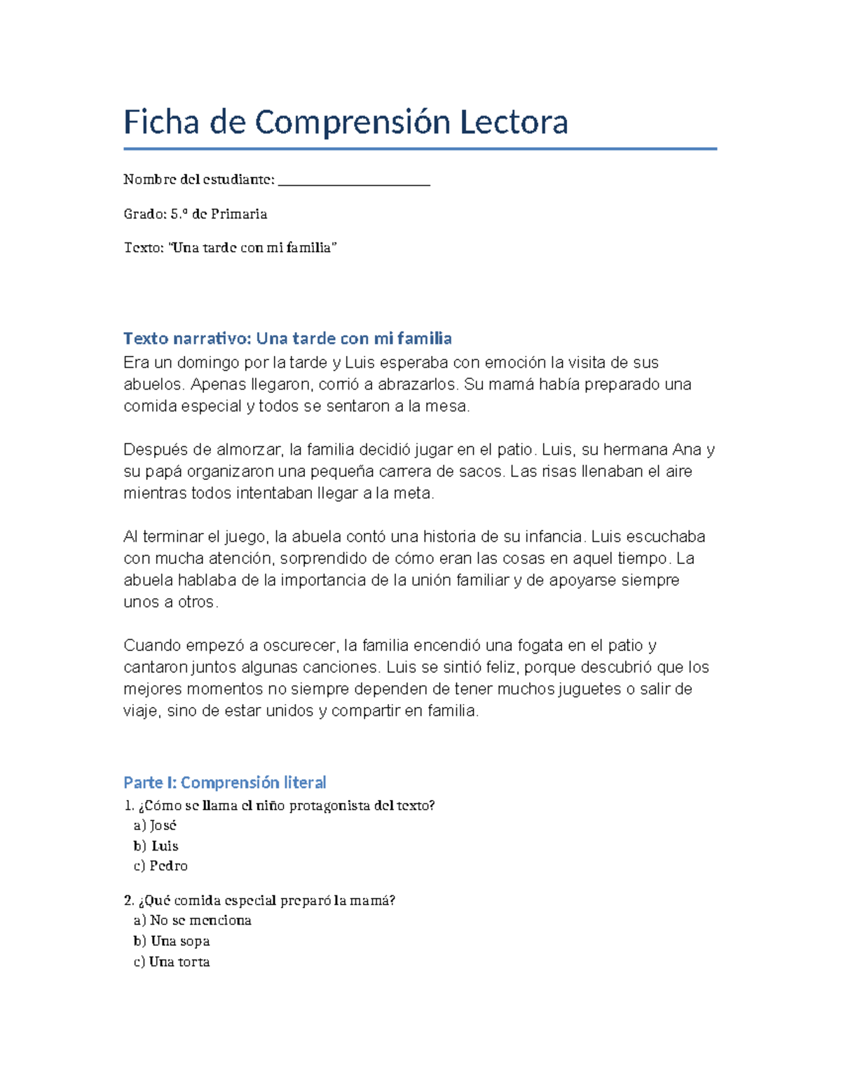 Ficha de Comprensión Lectora: Una Tarde con Mi Familia - Grado 5.º ...