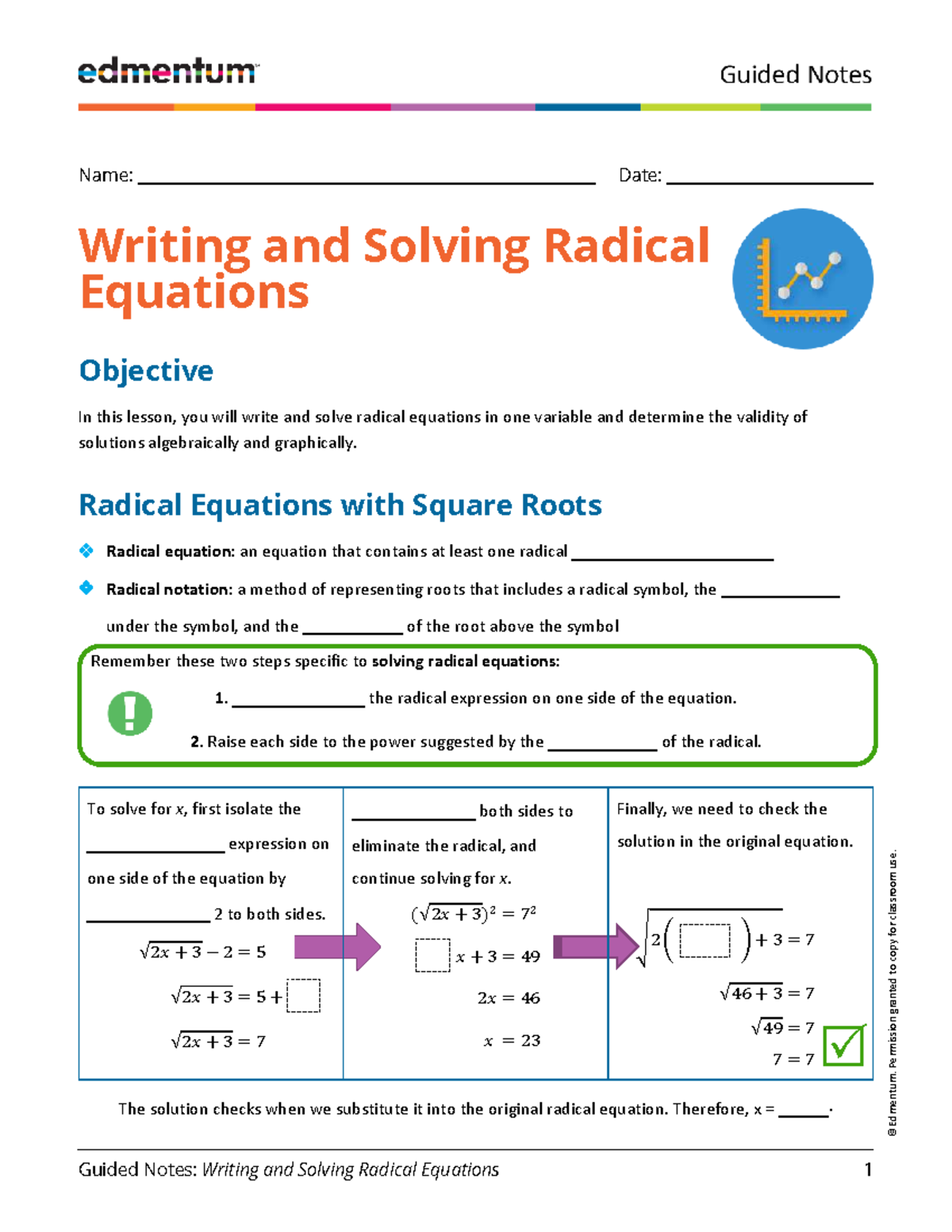 Guided Notes TX Algebra II Unit B1: Solving Radical Equations - Studocu