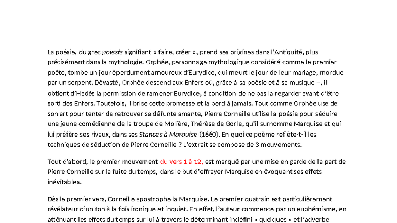 Texte Bac 2023 : Analyse des Stances à Marquise de Corneille - Studocu