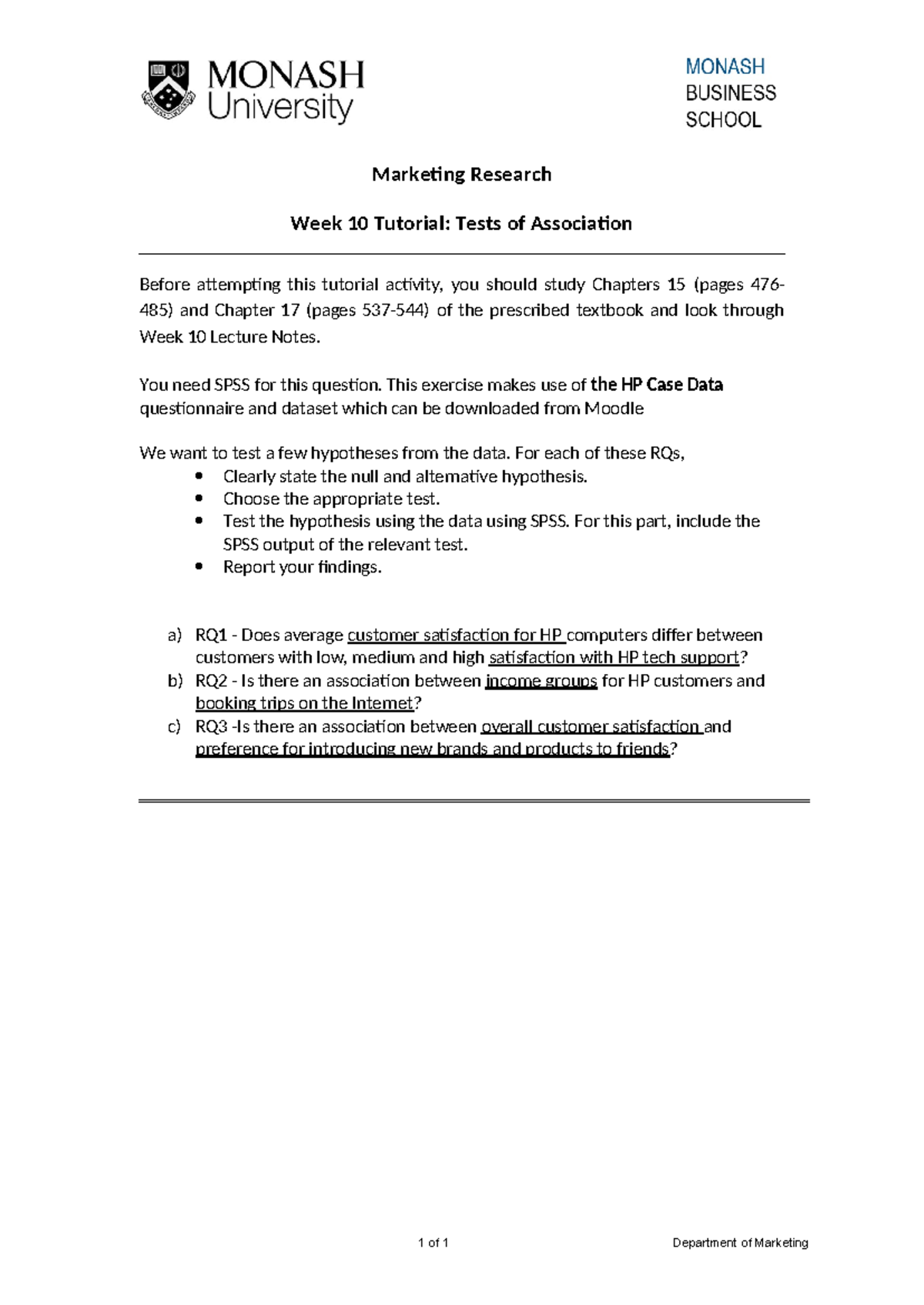 Marketing Research MKTG101 Week 10 Tutorial: Tests of Association - Studocu