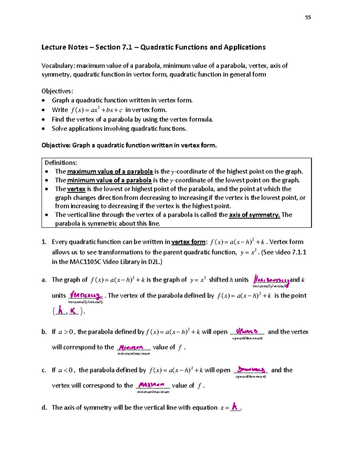 MAC1105C Lecture Notes: Quadratic Functions & Applications (7.1) - Studocu