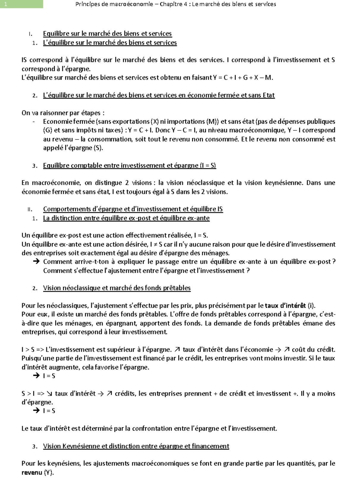 Chapitre 4 - Marché des biens et services en macroéconomie - Studocu