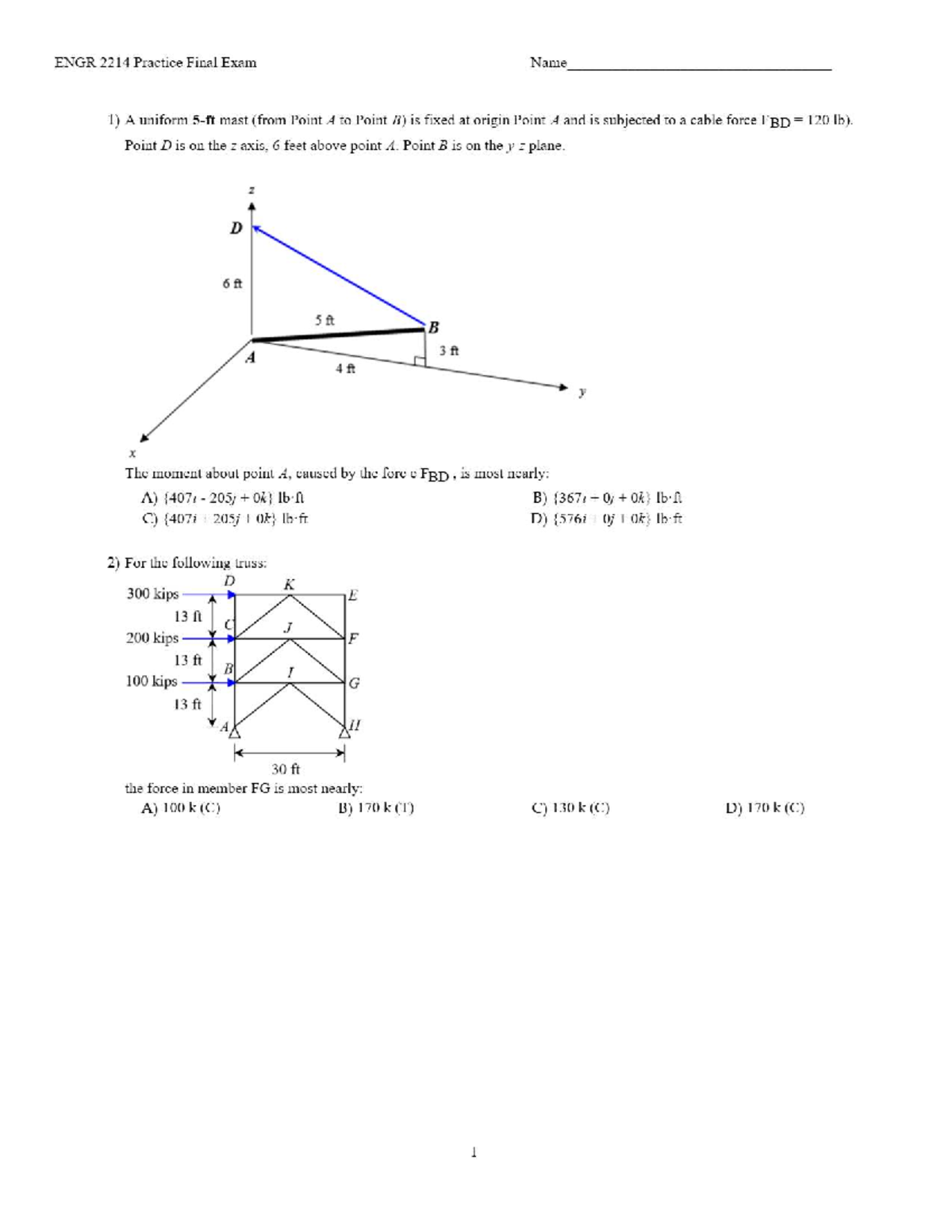 ENGR 2214 Practice Final Exam - Engineer Statics Review - Studocu